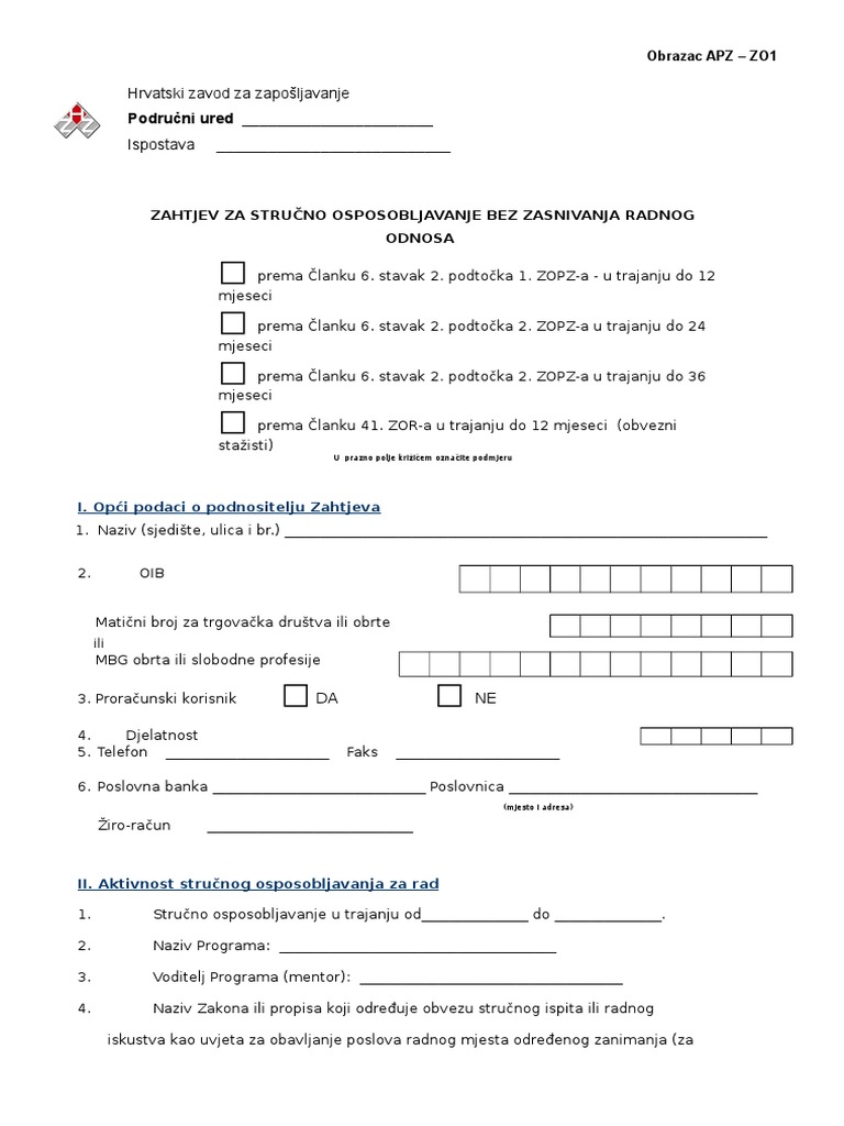 1 Obrazac Zahtjeva SO Bez Zasnivanja RO SO-za-rad APZ-ZO1 | PDF