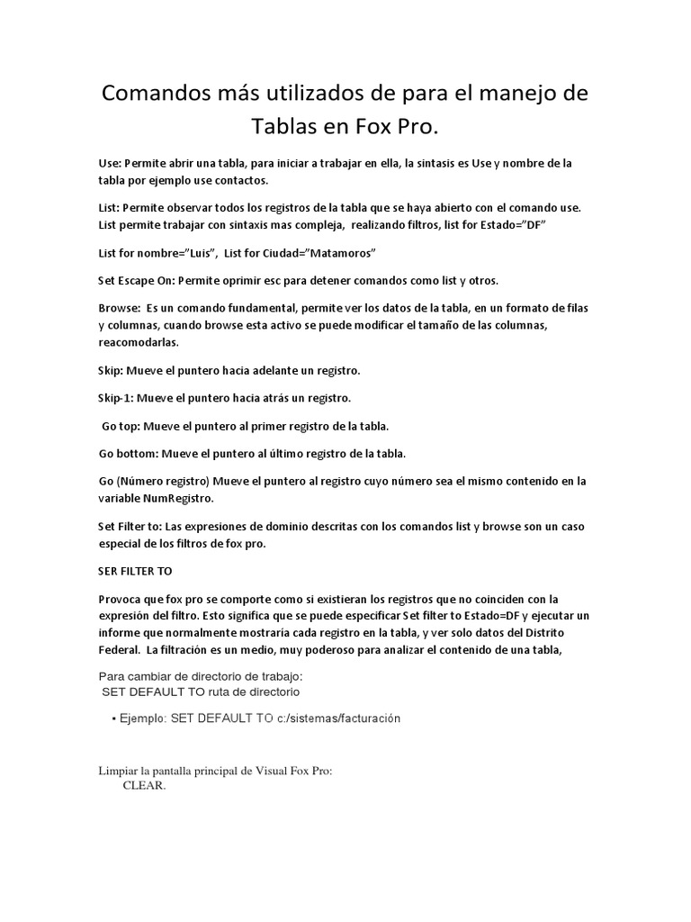 Comandos de Tablas en Visual FoxPro | PDF