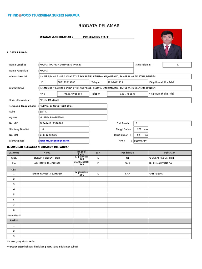Biodata Pelamar: Poltak Samosir | PDF