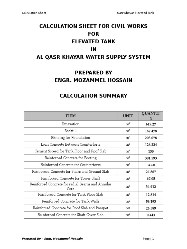 Calculation Sheet For Civil Works FOR Elevated Tank IN Al Qasr Khayar ...