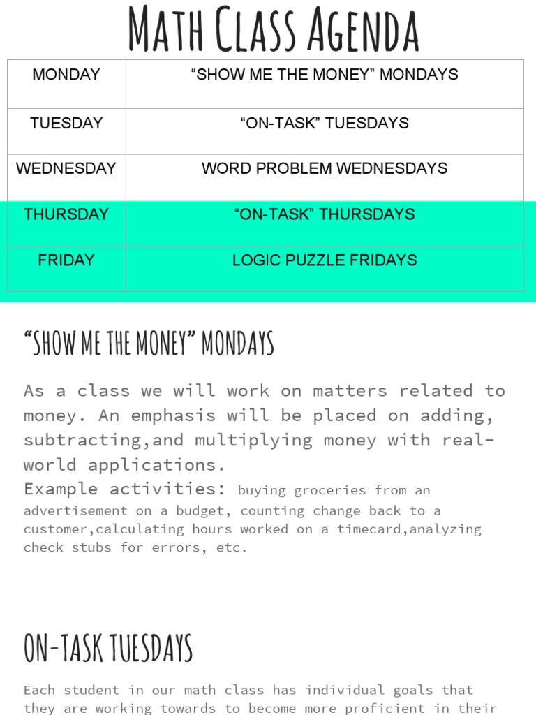 Math Class Agenda 1 | PDF | Business | Art