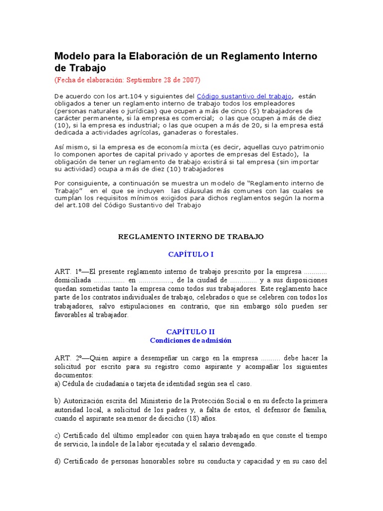 Modelo Reglamento Interno de Trabajo | PDF | Derecho laboral | Salario