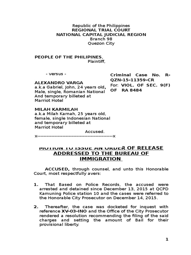 Motion to Issue Order of Release Rtc | Arrest | Bail