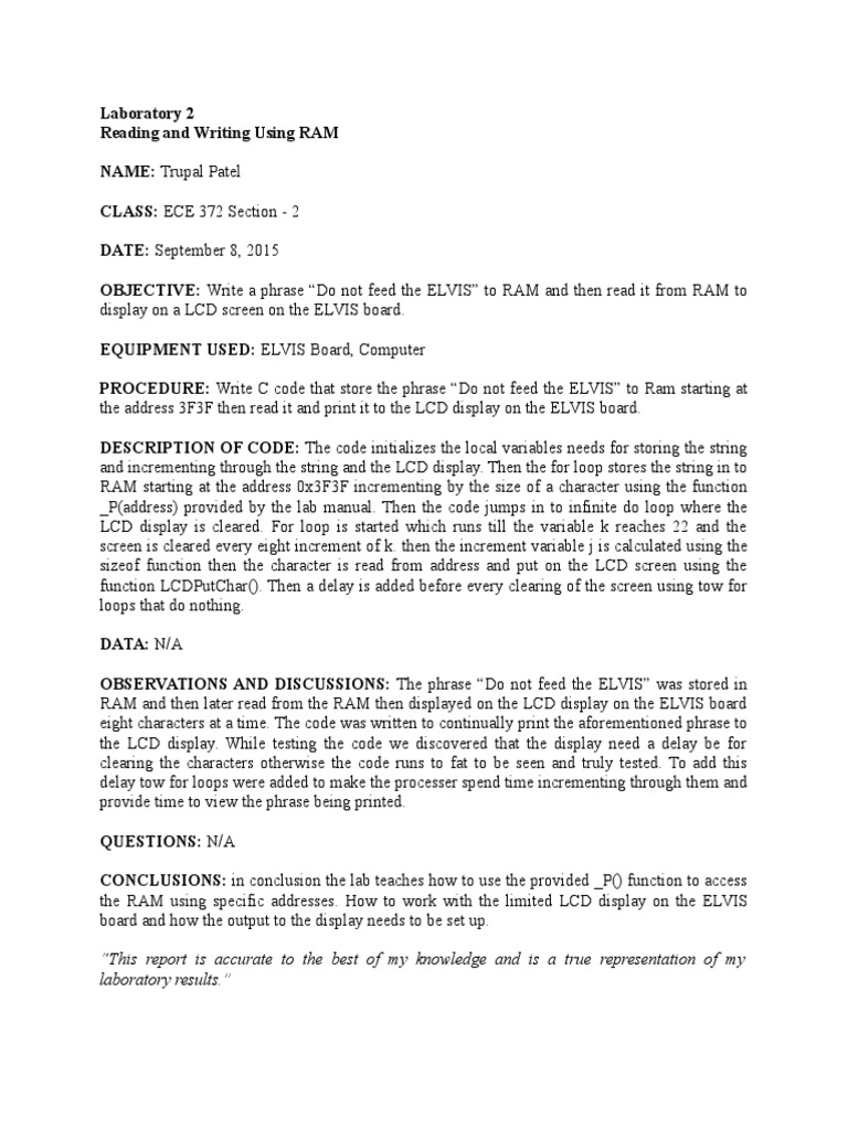 ECE 3720 Laboratory 2 | PDF | Integer (Computer Science) | Random Access Memory