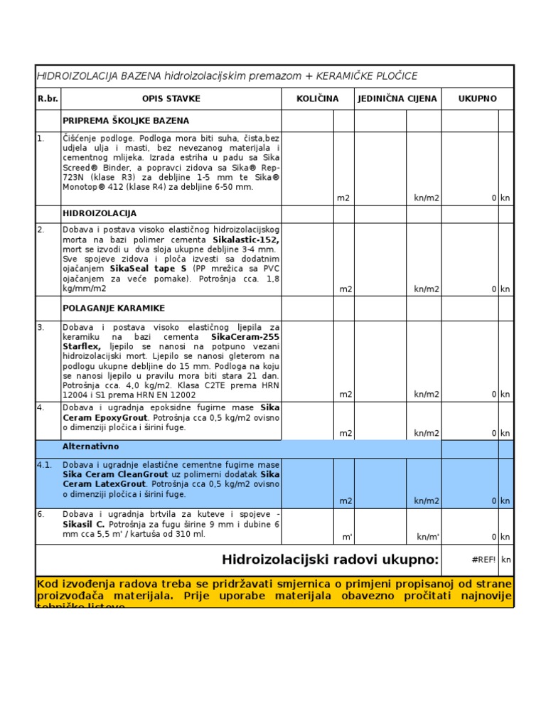 Sika Standardni Troškovnik-Bazeni Za Plivanje | PDF