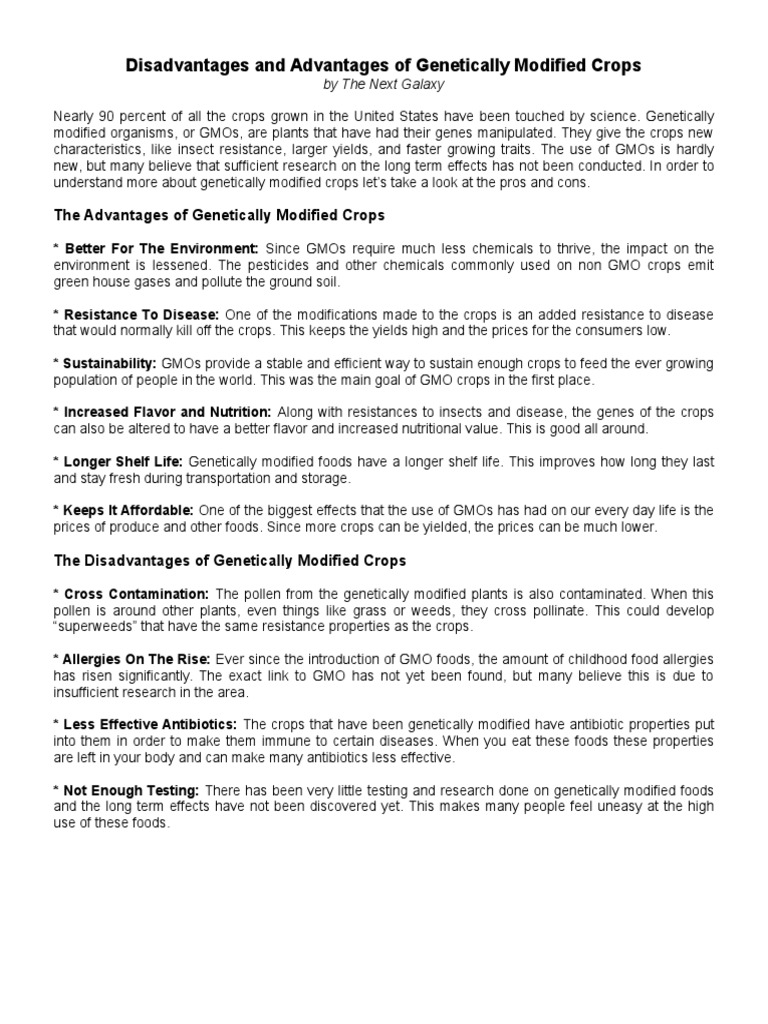 Advantages and Disadvantages of GMOs | PDF | Genetically Modified Crops ...