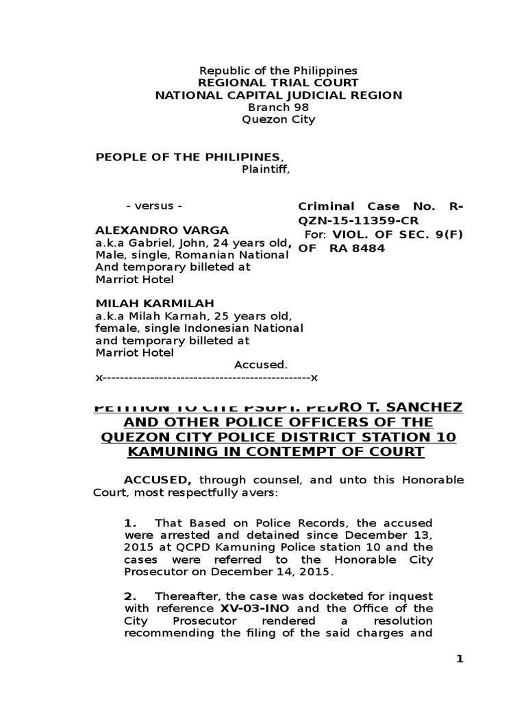 Petition To Cite in Contempt Varga RTC | PDF | Contempt Of Court | Arrest
