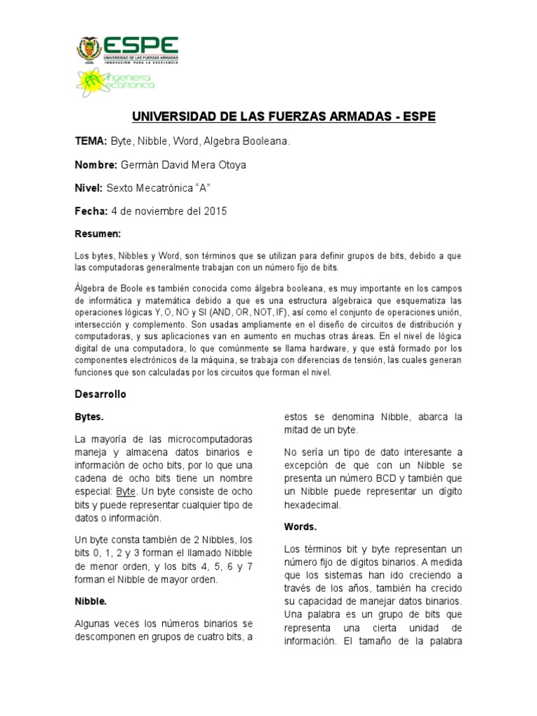 Bit, Byte, Nibble, Word, Algebra Booleana | PDF | Puerta lógica | Poco
