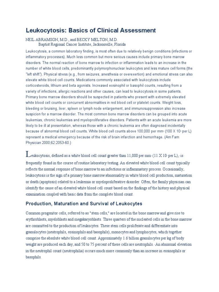 Leukocytosis: Basics of Clinical Assessment: Production, Maturation and ...
