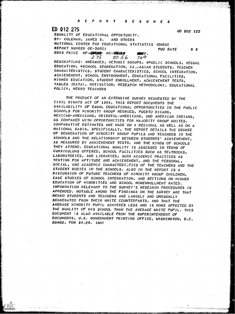 COLEMAN REPORT 1966 - Equality of Educational Opportunity PDF | PDF