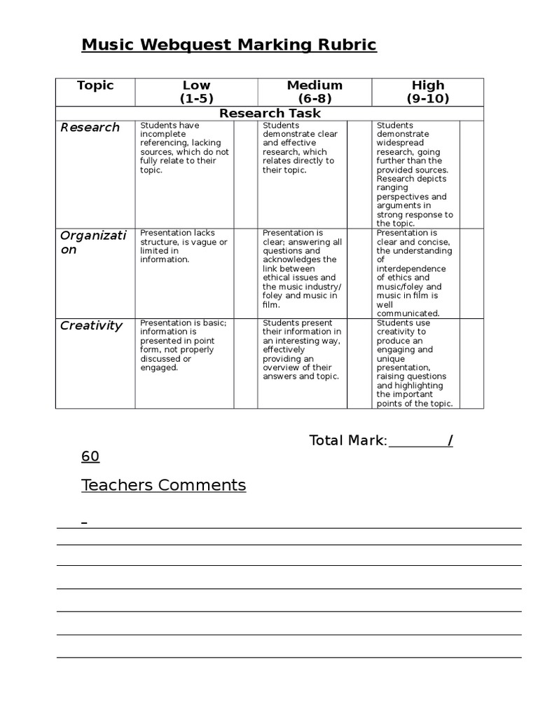 Music Webquest Marking Rubric: Teachers Comments | PDF