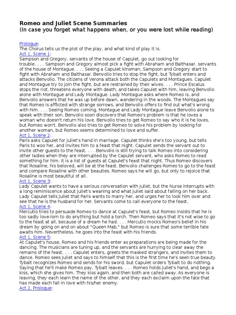 Romeo and Juliet Scene Summaries | PDF | Characters In Romeo And Juliet ...