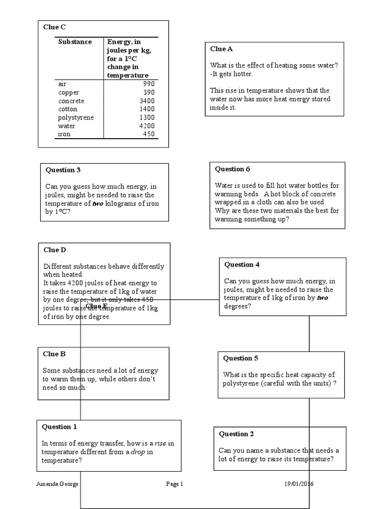 Specific Heat Capacity Puzzle Cards | PDF