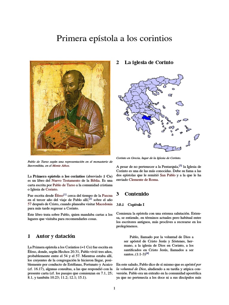 Primera Epístola a los Corintios: Resumen | PDF | Primera epístola a ...