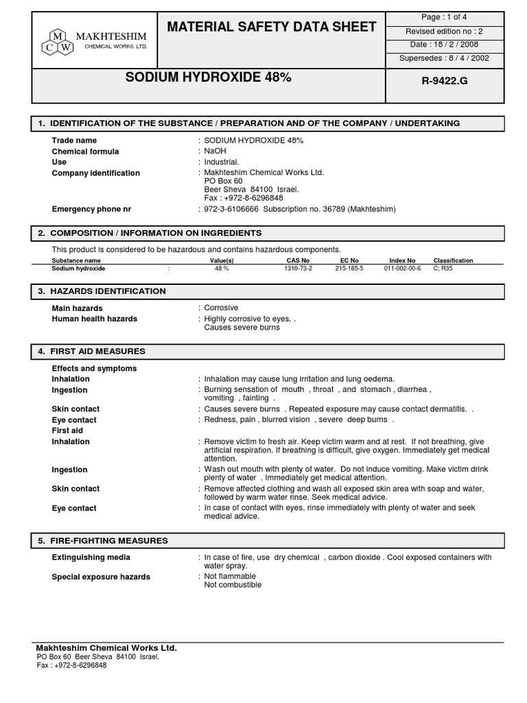 MSDS Sodium Hydroxide 48% | PDF | Sodium Hydroxide | Magnesium