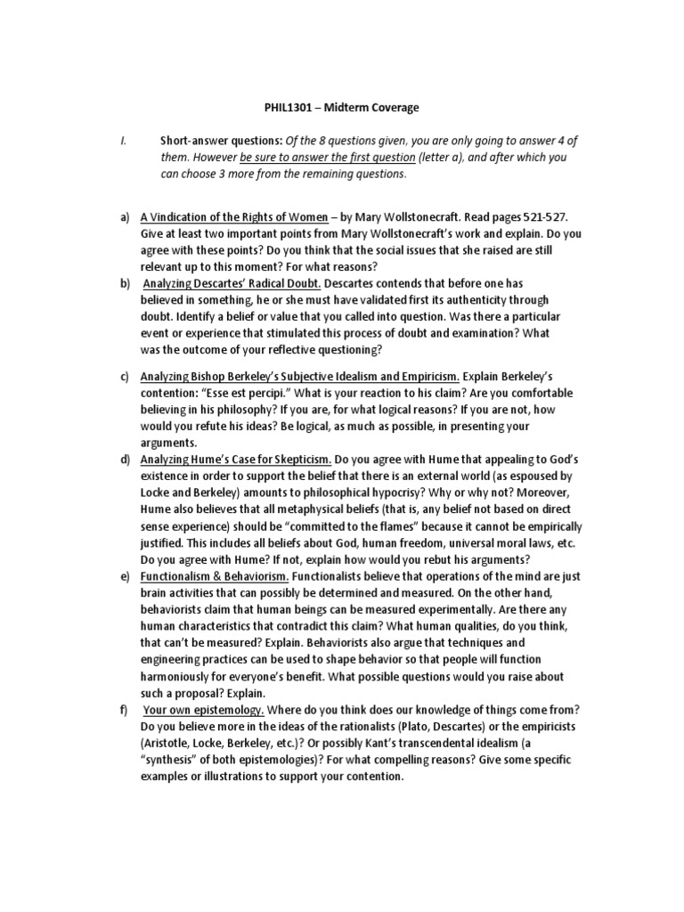 PHIL1301 Midterm Study Guide | PDF | Rationalism | Idealism