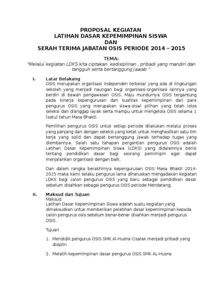 Proposal LDKS dan Sertijab OSIS 2015 | PDF