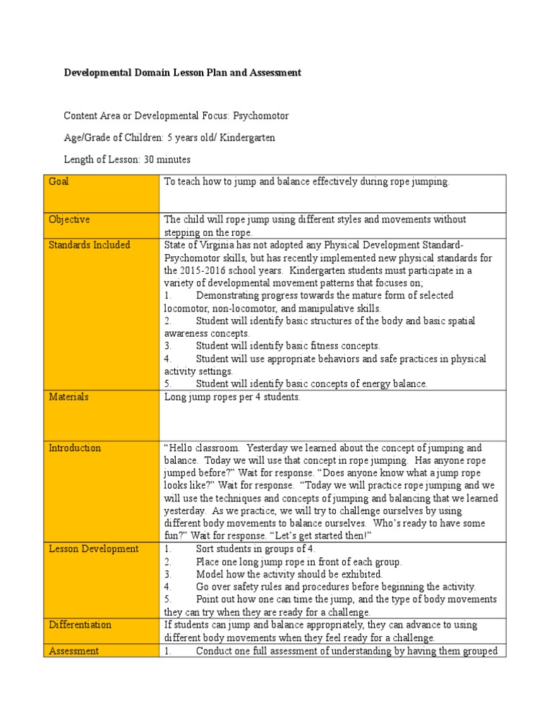 Developmental Domain Lesson Plan and Assessment | PDF | Educational ...