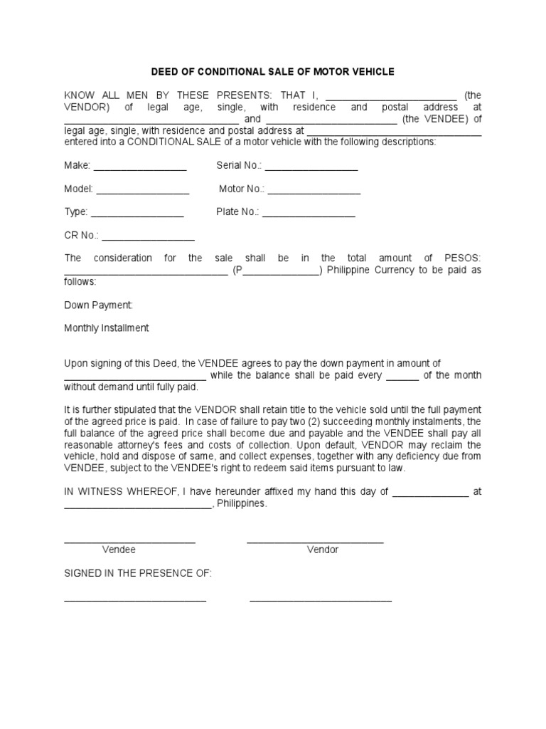 Deed of Conditional Sale of Motor Vehicle | PDF | Common Law | Economies