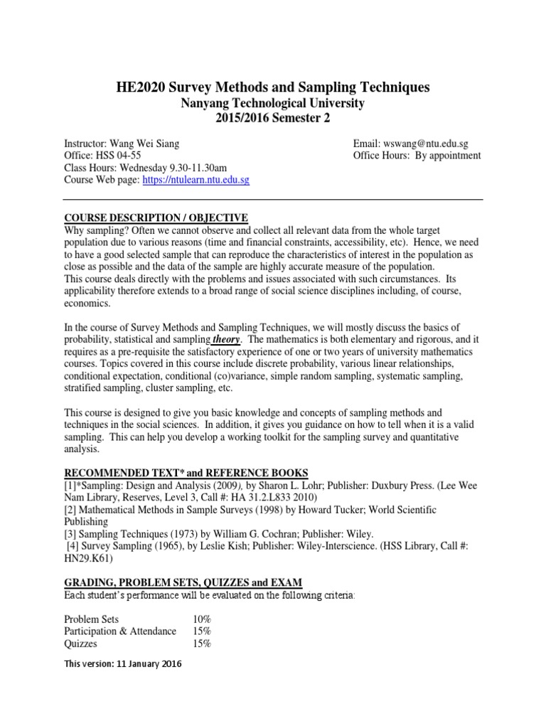 Syllabus He20203 Pdf Sampling Statistics Survey Methodology