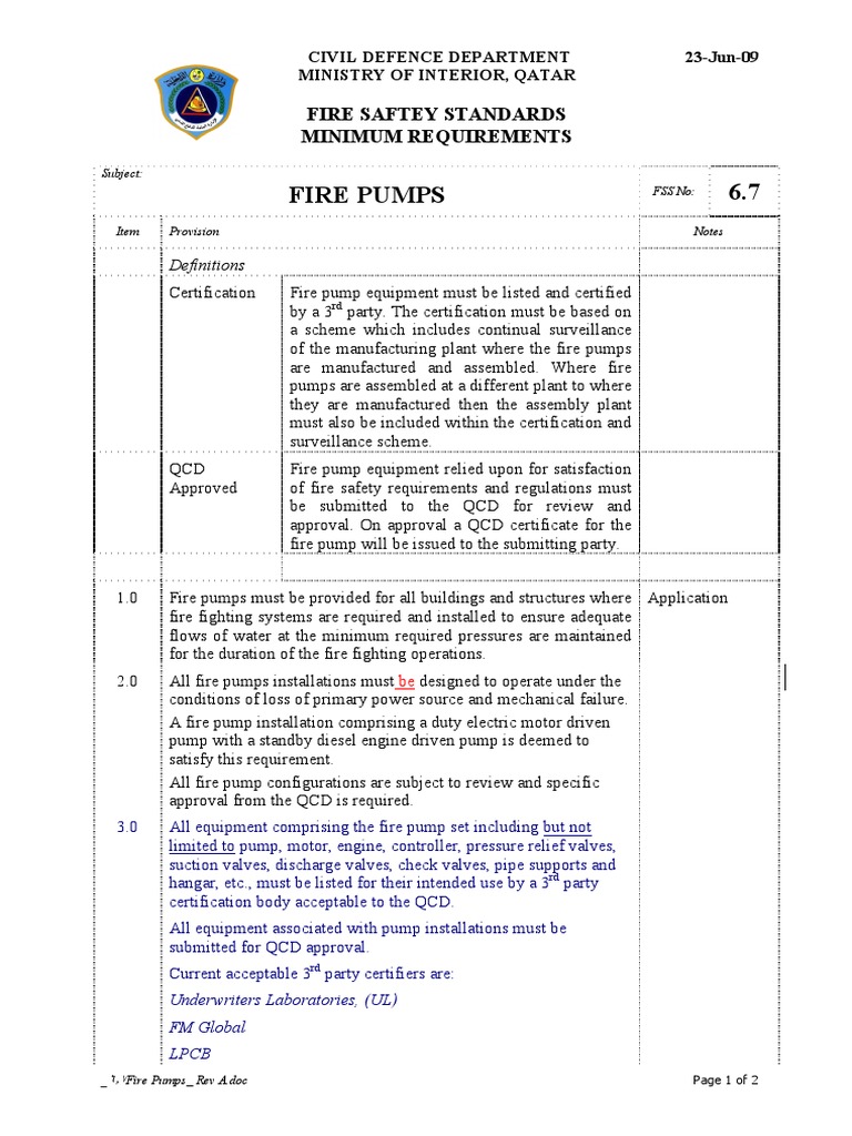 Fire Pump Specifications and Standards | PDF | Pump | Safety