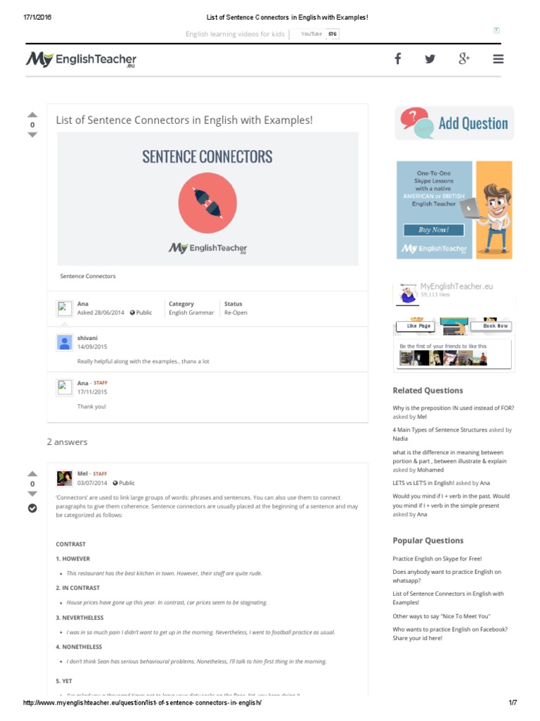 A Comprehensive Guide to Sentence Connectors in English with Detailed ...
