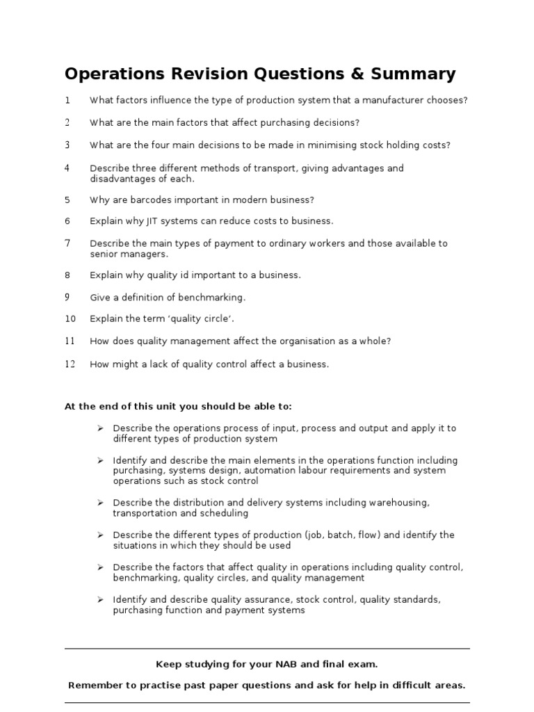 Operations Revision Questions & Summary: at The End of This Unit You ...