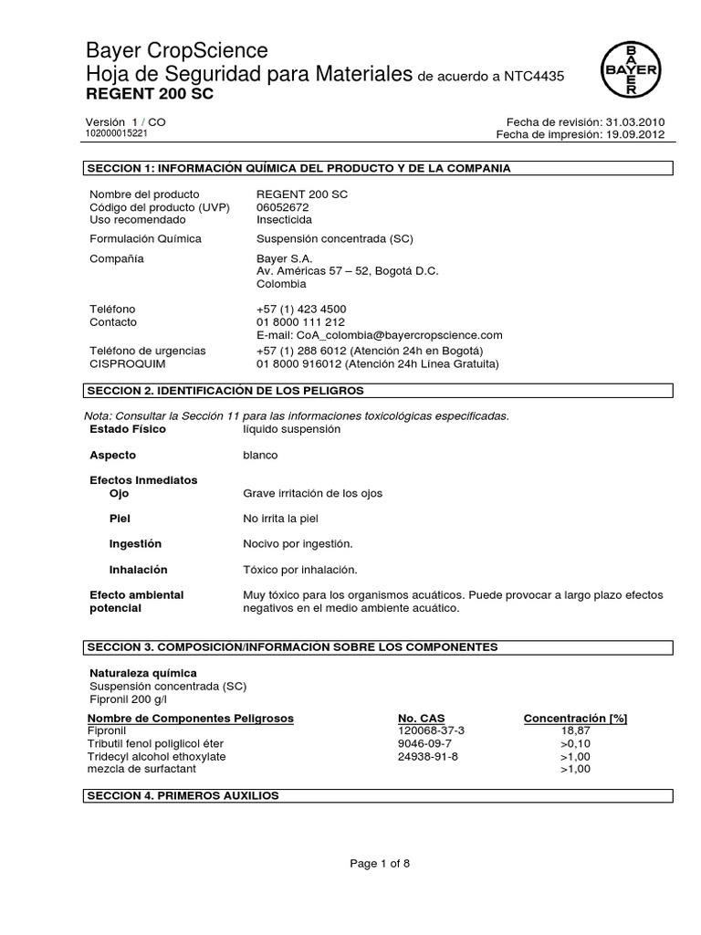 Ejemplo Msds Bayer | PDF | Toxicidad | Contaminación