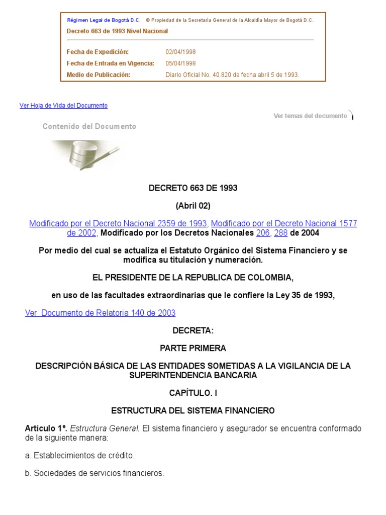 Decreto 663 Del 93, Colombia | PDF | Bancos | Seguro