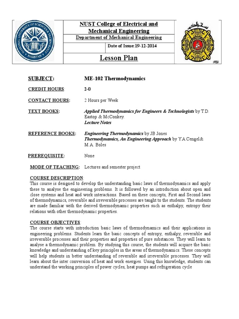 Lesson Plan ME-102 Thermodynamics (EE) | PDF | Heat | Thermodynamics