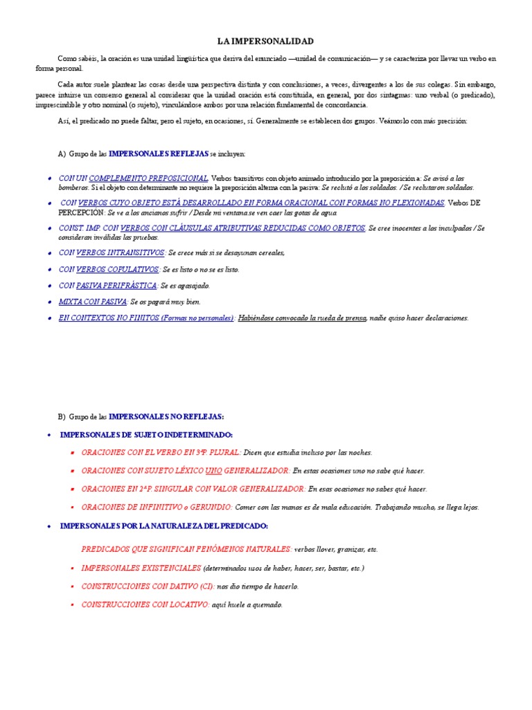 Análisis de la Impersonalidad en Oraciones | PDF | Predicado (Gramática ...
