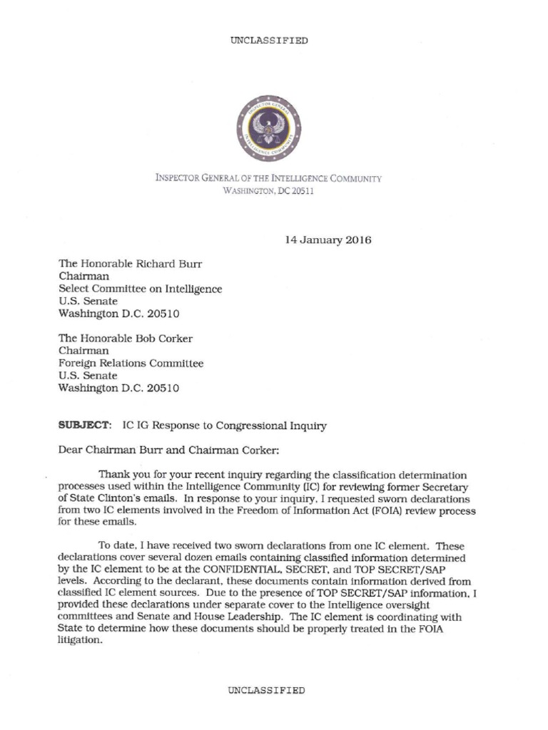 2016-01 ICIG Letter To Congress About Clinton Emails | PDF
