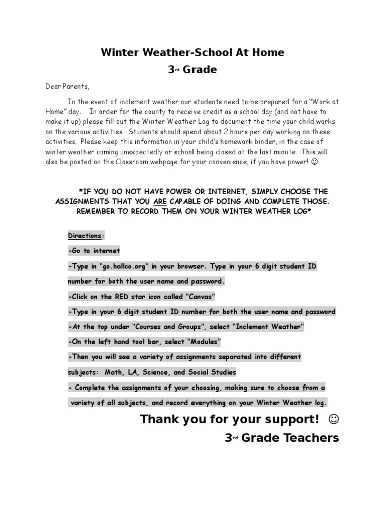 Winter Weather-School at Home 3 Grade: Thank You For Your Support! 3 ...