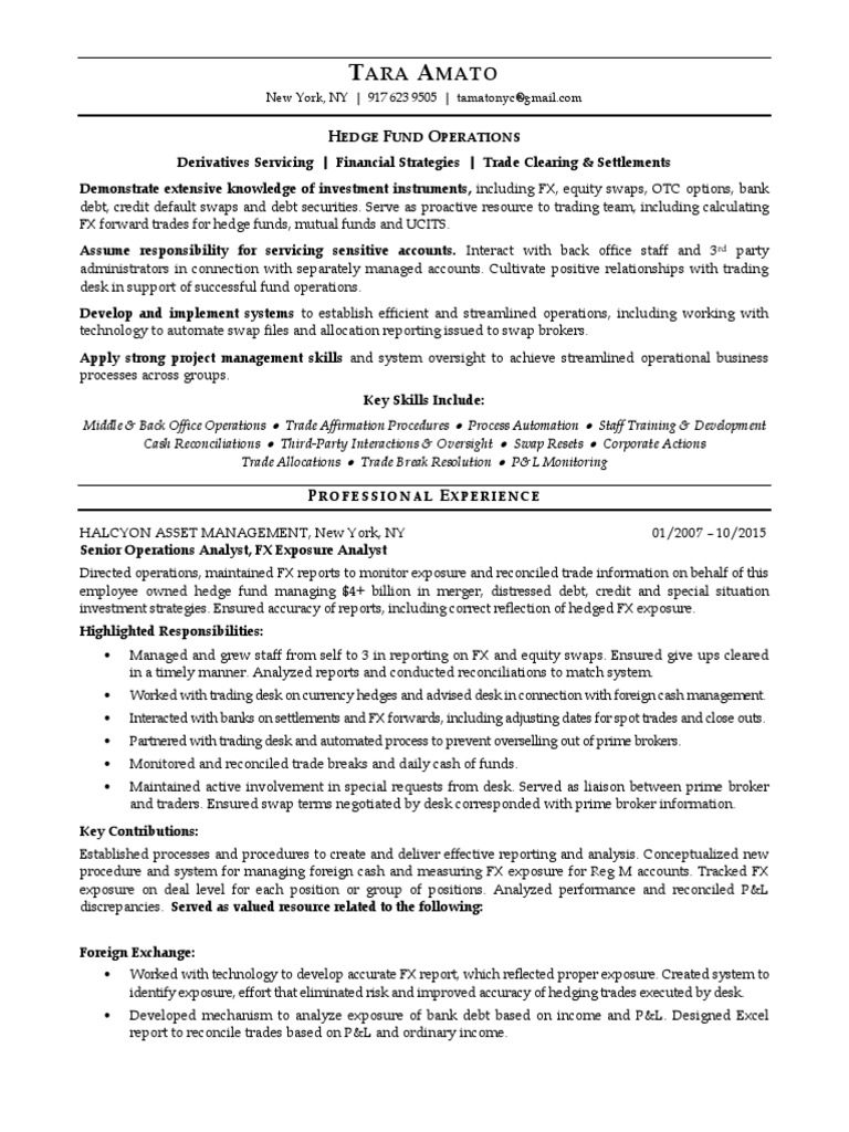Senior Operations Analyst Hedge Funds in Greater New York City Resume ...