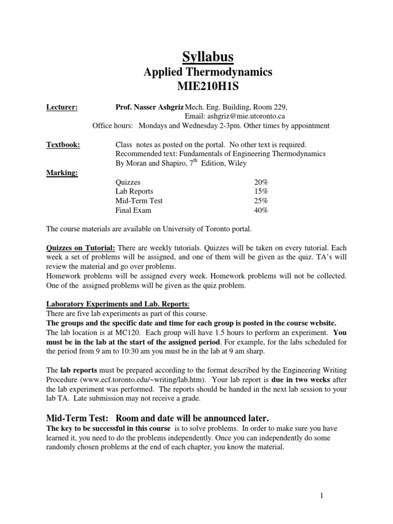 MIE210 Thermodynamics Syllabus | PDF | Entropy | Heat