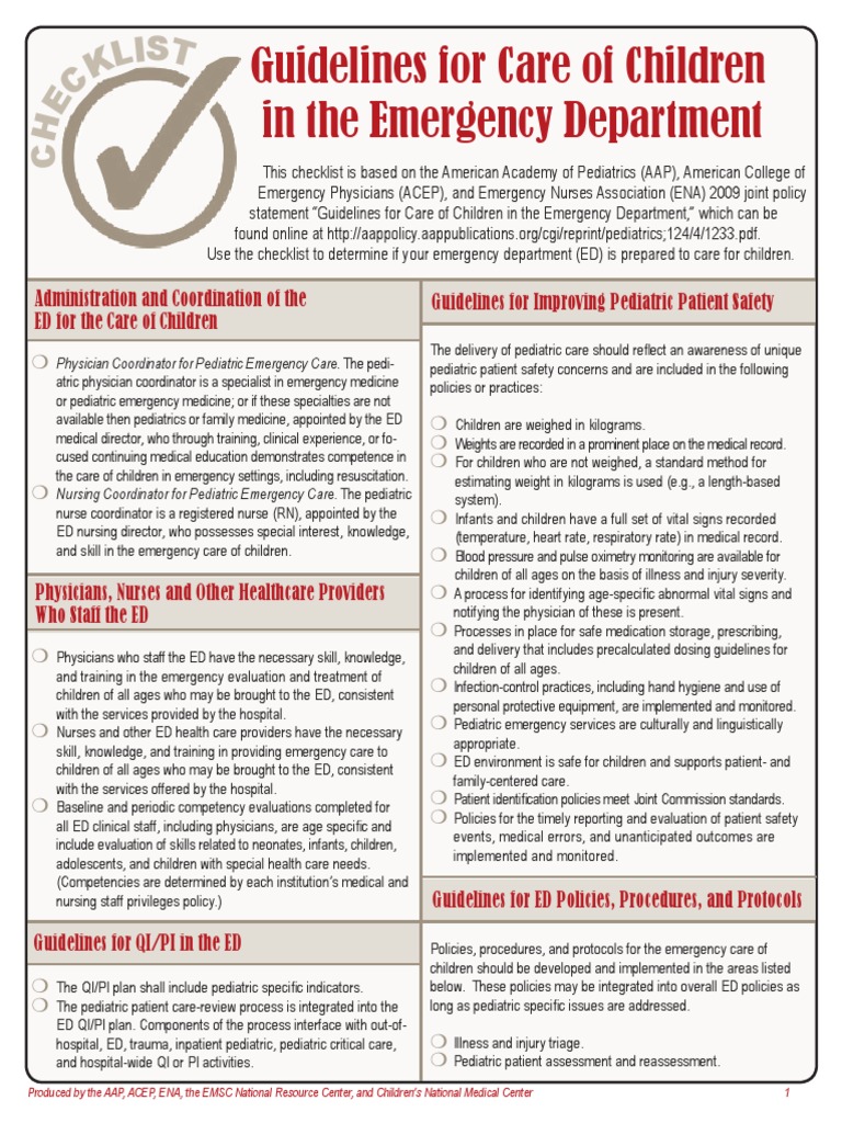 Pediatric Readiness Guidelines Checklist | Emergency Department ...