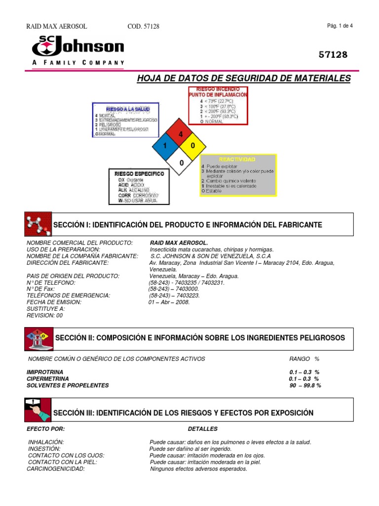 Hoja de Seguridad Insecticida Raid Max | Aerosol | Agua