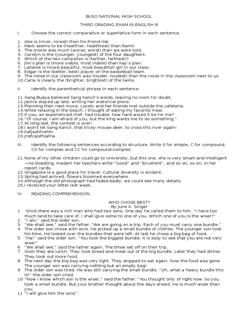 Third Grading Exam in GRADE 8 English | PDF