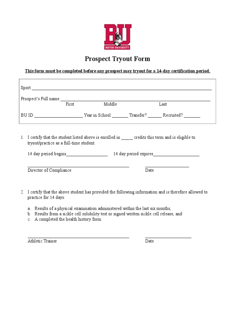 Prospect Tryout Form: This Form Must Be Completed Before Any Prospect ...