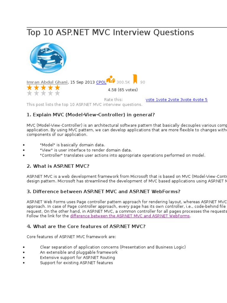 Top 10 MVC Interview Questions | PDF | Model–View–Controller | Software Engineering