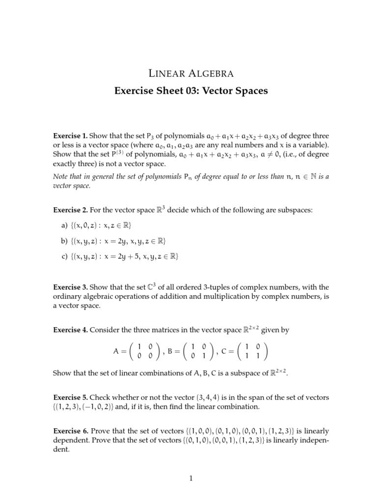 Problems of Vector Spaces | PDF | Vector Space | Linear Subspace