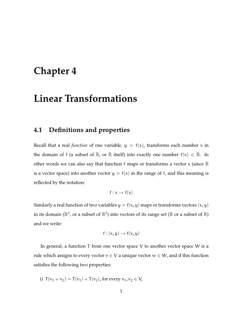 Linear Transformations: 4.1 Definitions and Properties | PDF | Linear ...