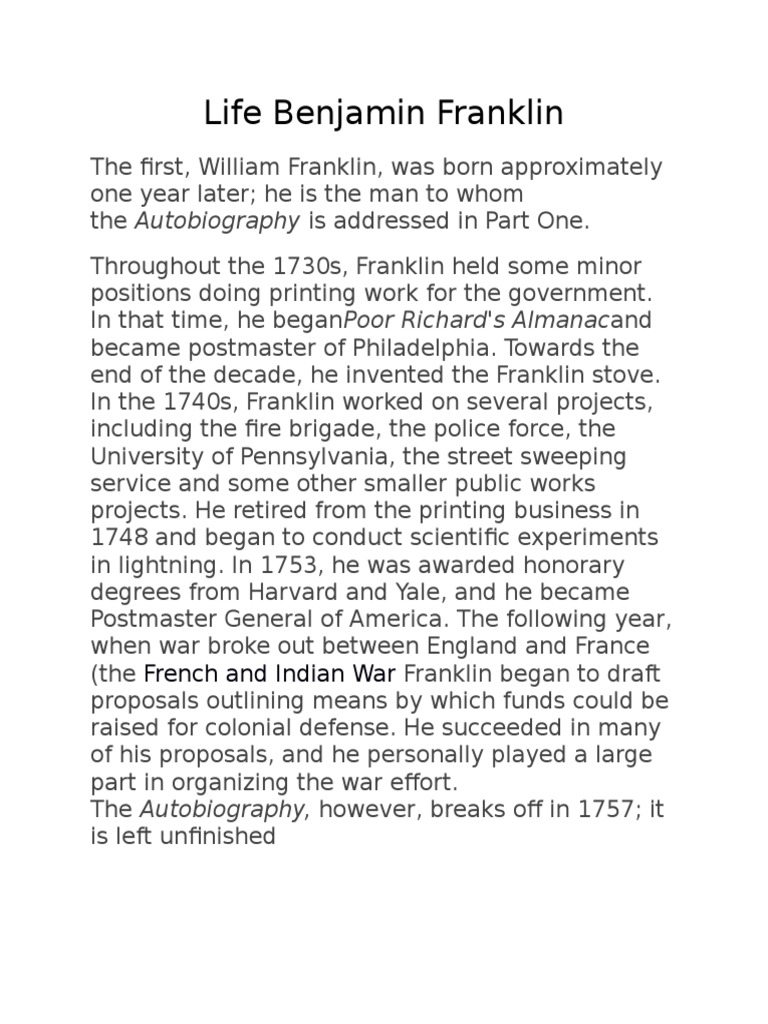 Benjamin Franklin's Life Overview | PDF