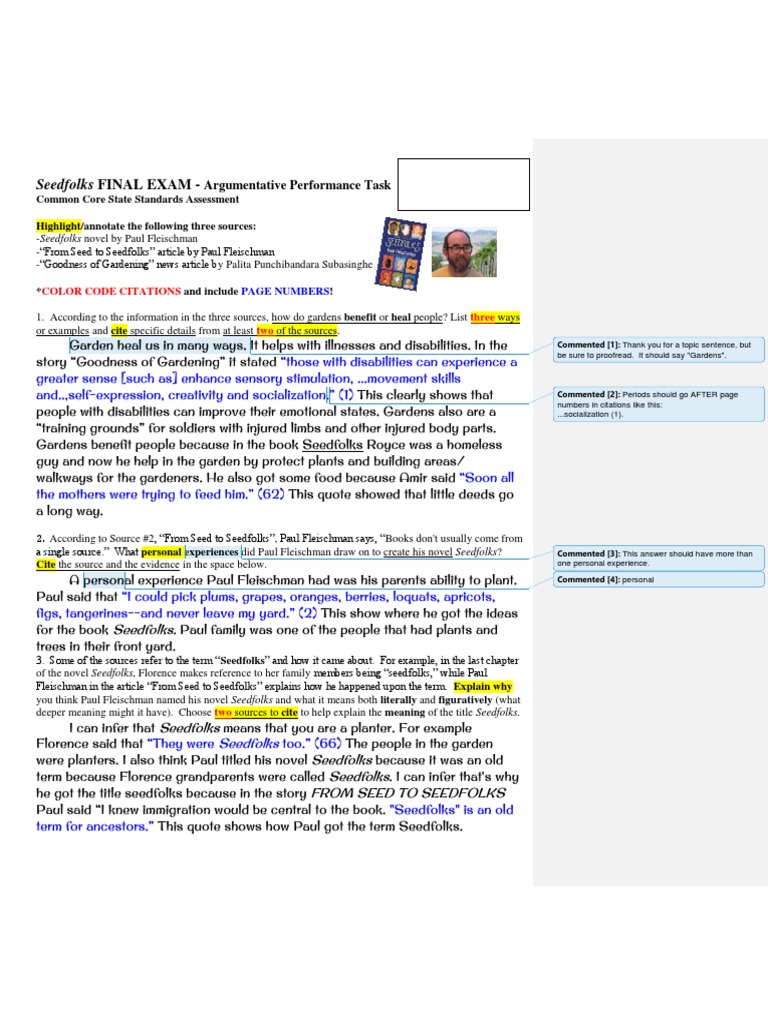 Seedfolks Exam: Garden Benefits & Themes | PDF | Disability | Citation