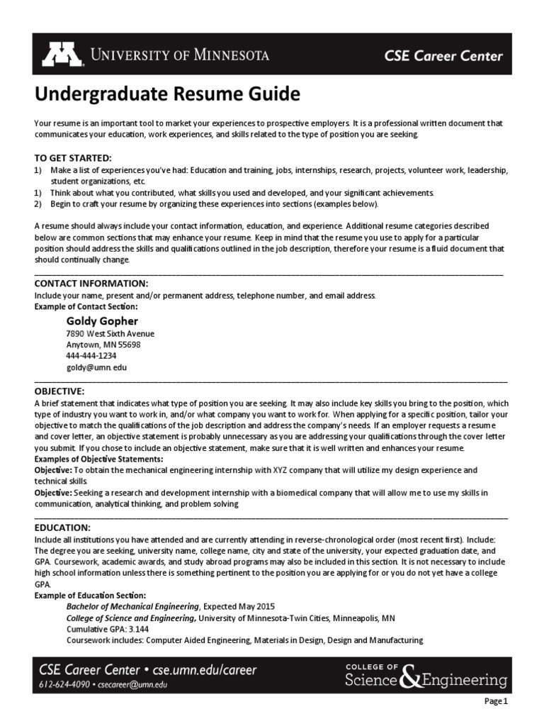 Undergraduate Resume Guide and muchu much more | Résumé | University Of ...