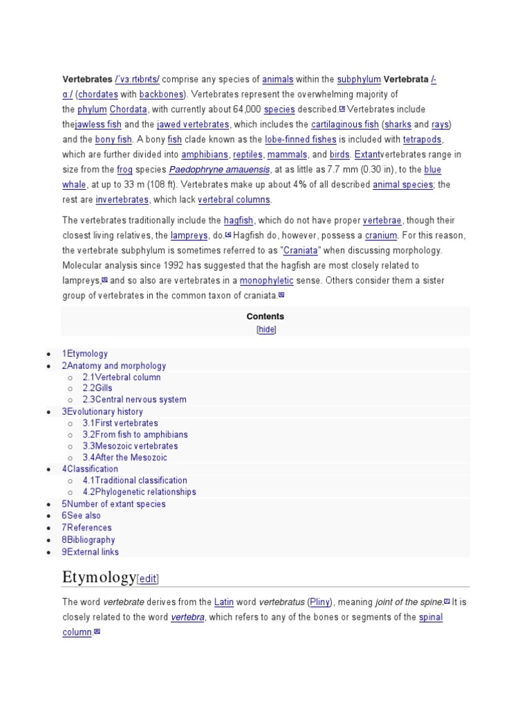 Etymology: Vertebrates | PDF | Vertebrates | Vertebral Column