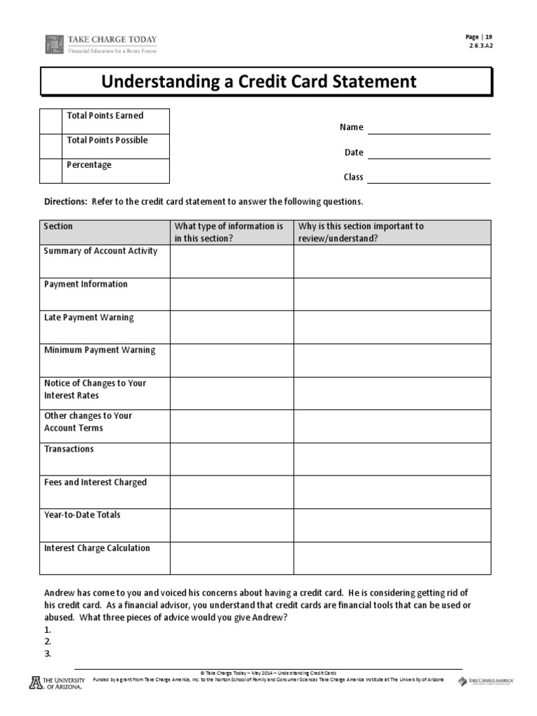 Understanding A Credit Card Statement: Directions: Refer To The Credit ...
