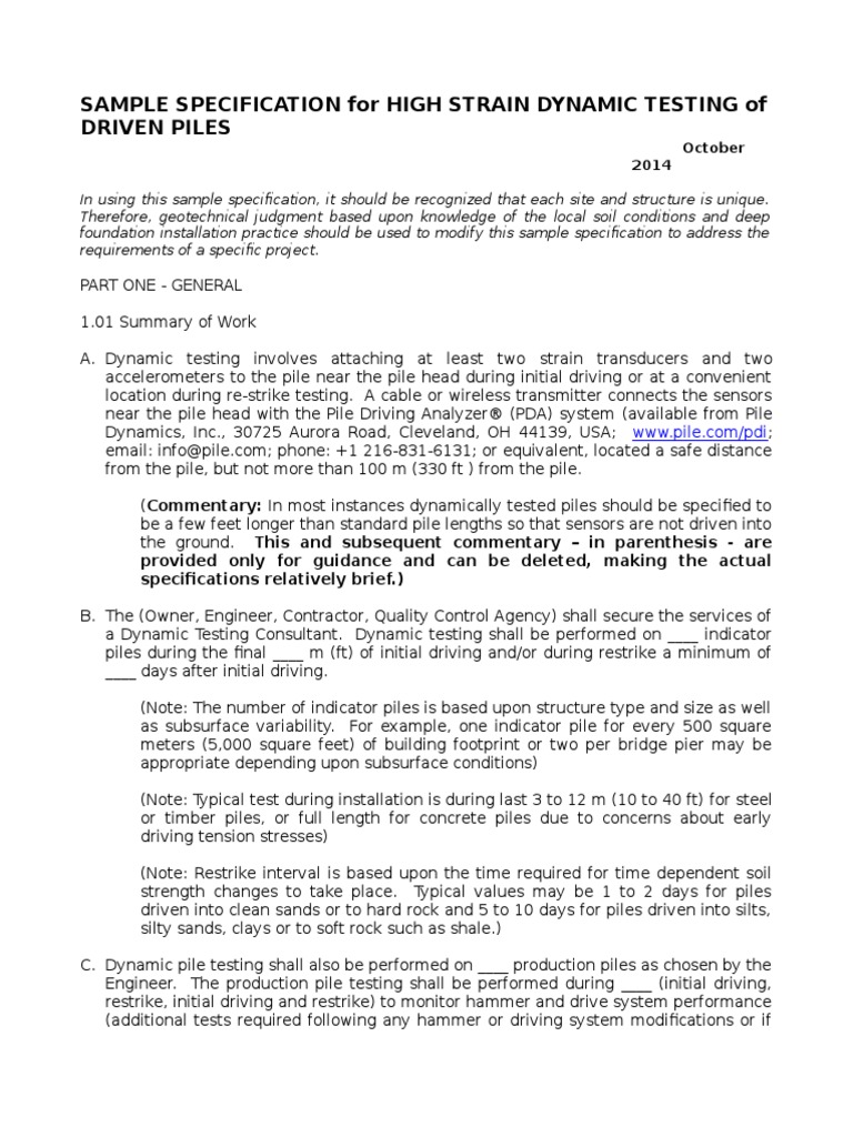 Sample Specification For High Strain Dynamic Testing of Driven Piles ...