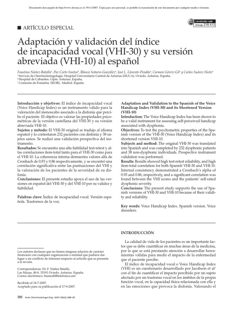 Validación VHI - 10 - Español | PDF | Alfa de Cronbach | Sicología