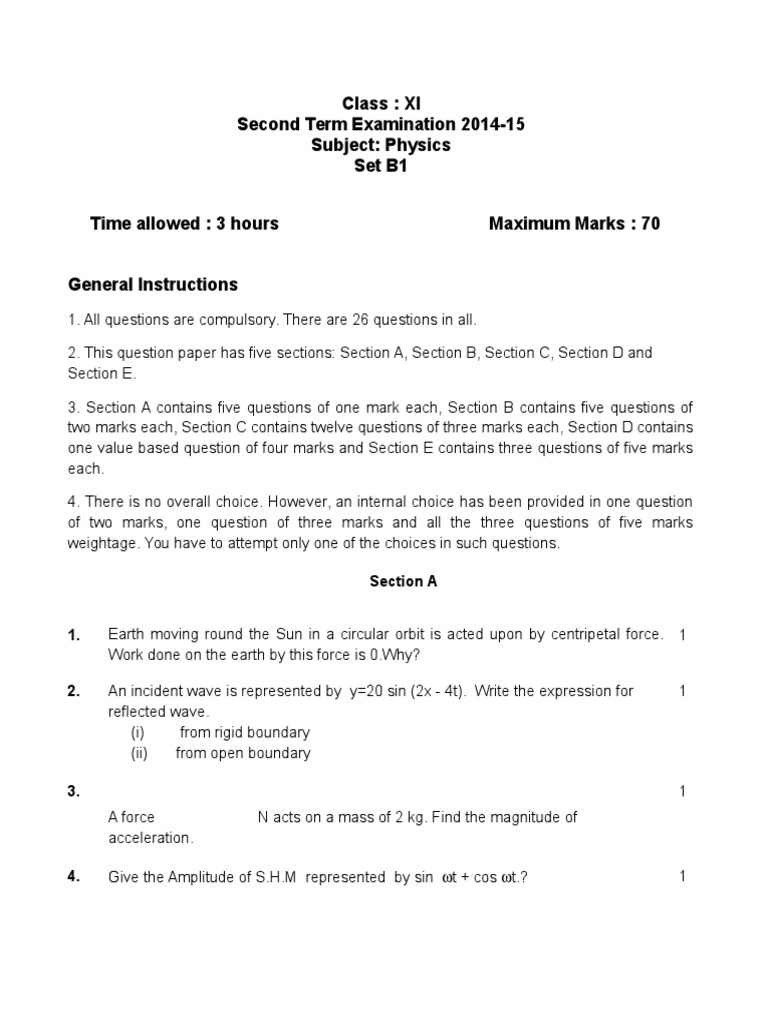 Class: XI Second Term Examination 2014-15 Subject: Physics Set B1 Time Allowed: 3 Hours Maximum ...